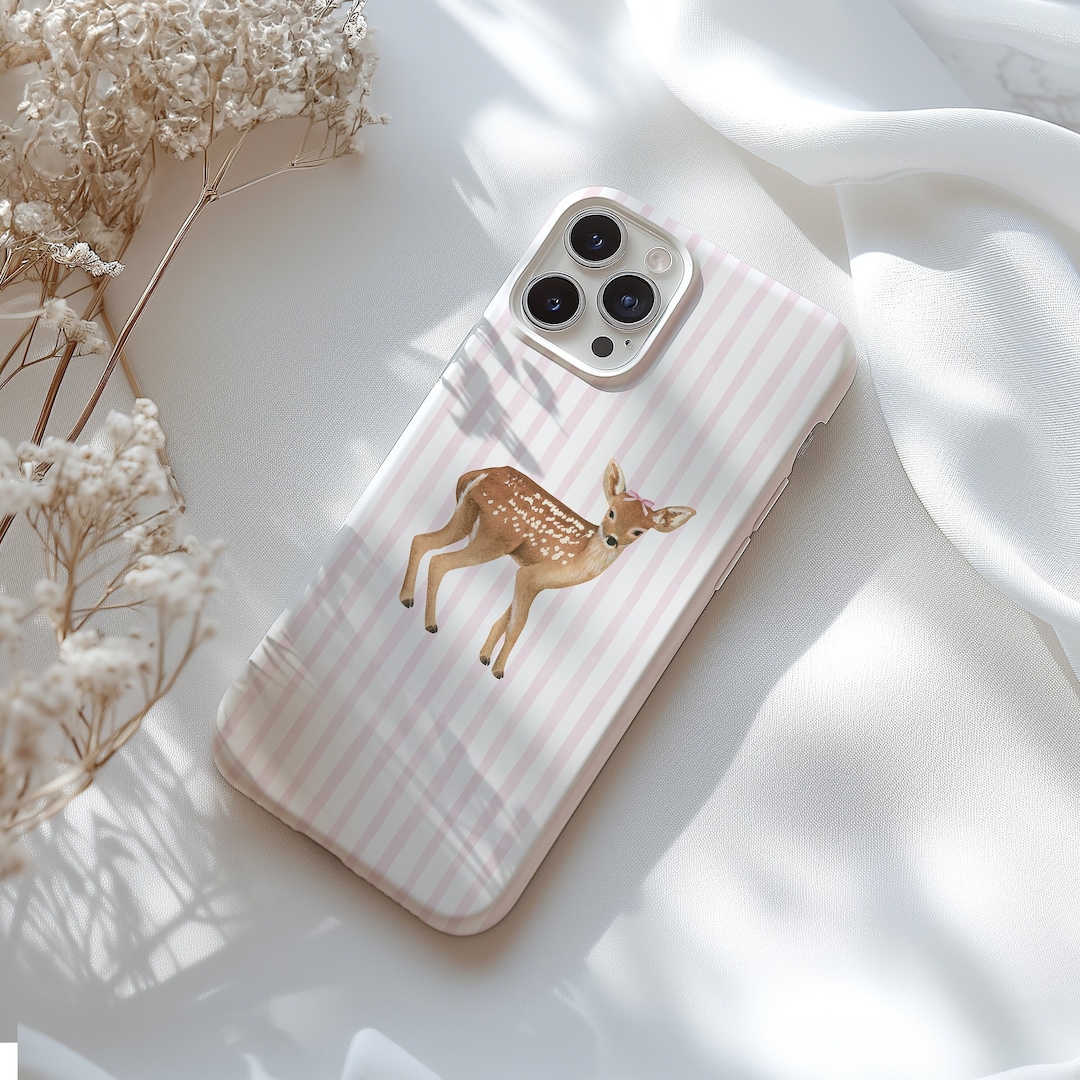 Cute Deer Phone Case, Girly Phone Cover, Pink & White Stripes, iPhone ...