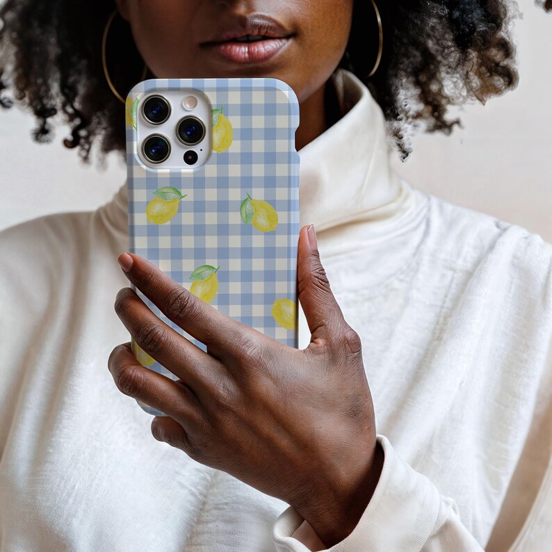 Lemon & Blue Gingham Phone Case, Cute Girly Aesthetic, iPhone 16 15 14 ...