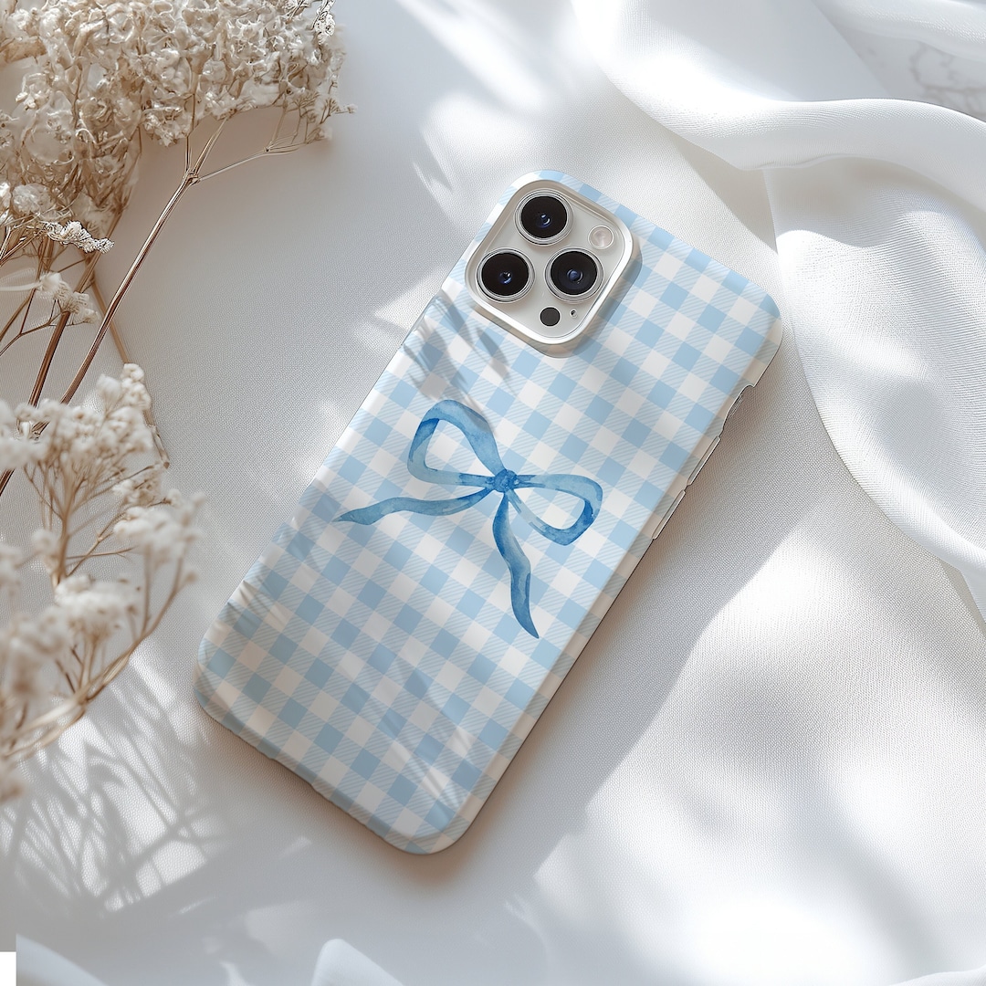 Blue Gingham & Bow Phone Case, Cute Girly Aesthetic, iPhone 16 15 14 13 ...