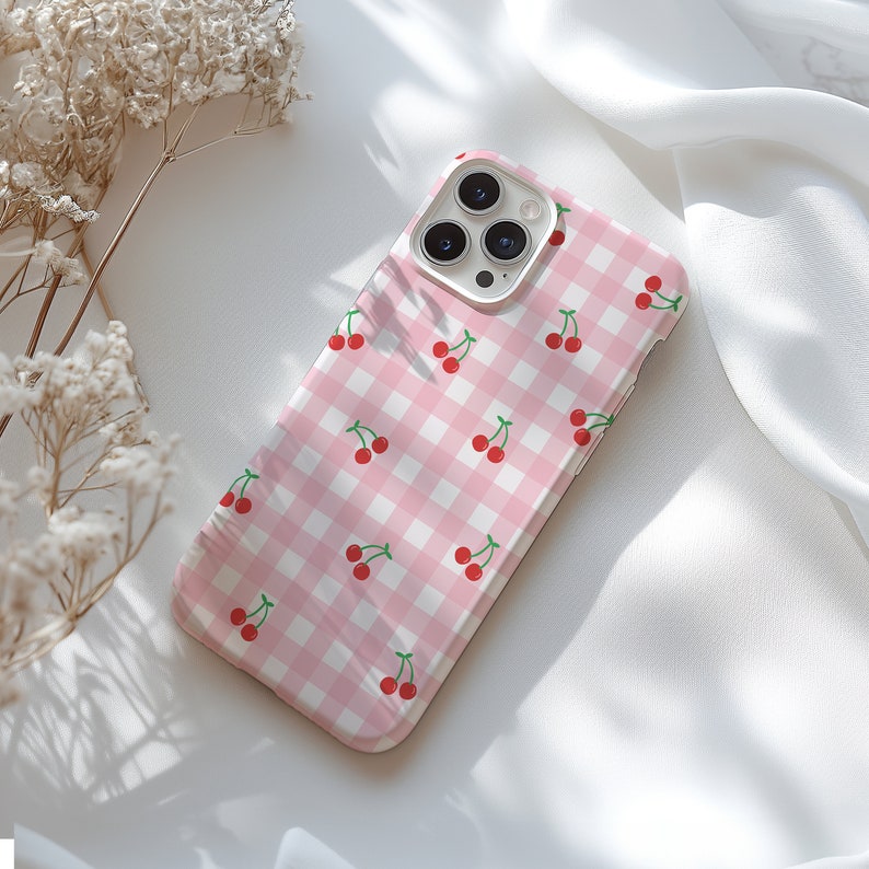 Pink Gingham Cherry Phone Case, Girly Phone Cover, Cherries, iPhone 17 ...