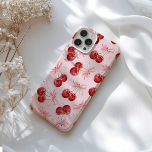 Cherry Phone Case, Pink Girly Phone Cover, Cherries With Bows, iPhone ...