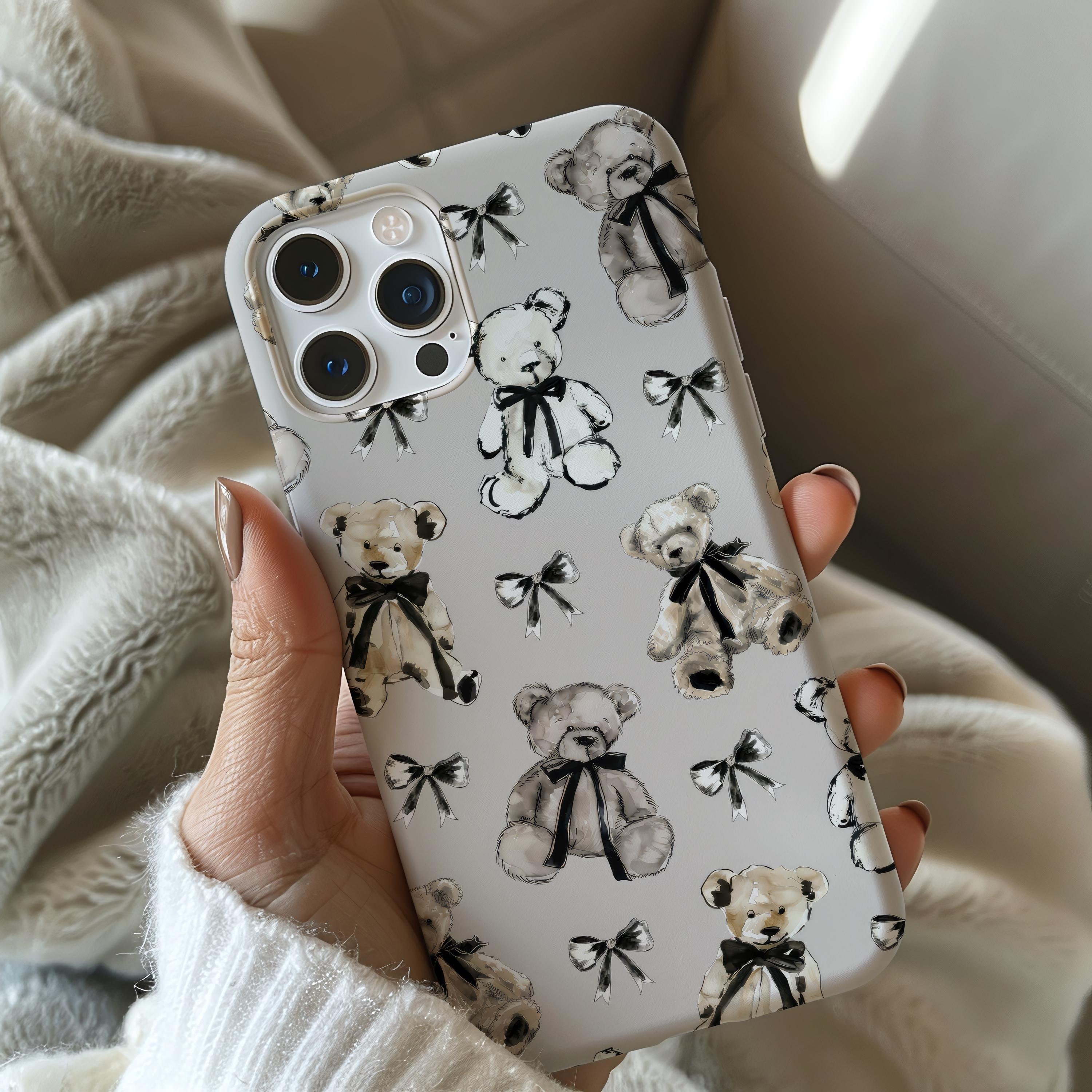 Teddy Bears & Black Bows Phone Case, Cute Trendy Neutral Phone Cover ...