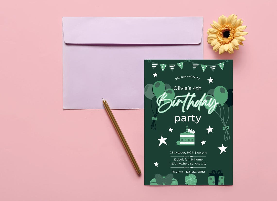 Editable Green Birthday Invitation Green Balloons Kids Birthday Invite ...