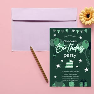 Editable Green Birthday Invitation Green Balloons Kids Birthday Invite ...