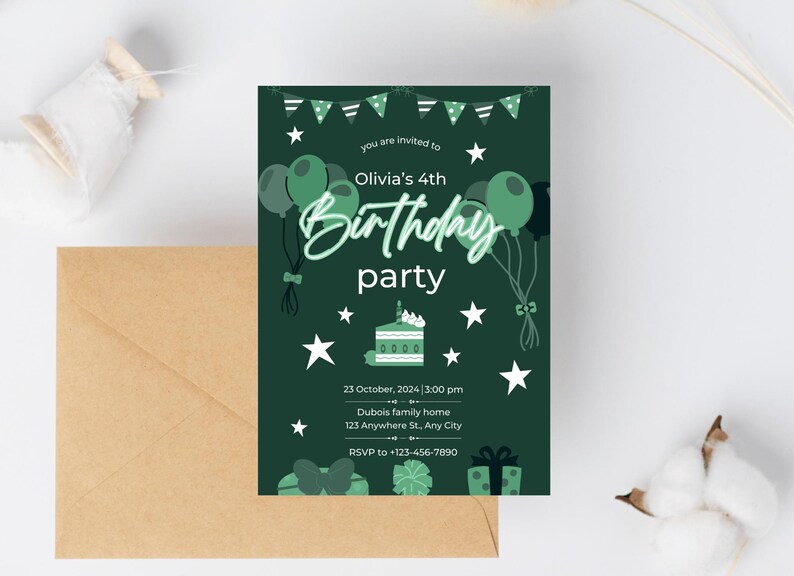 Editable Green Birthday Invitation Green Balloons Kids Birthday Invite ...