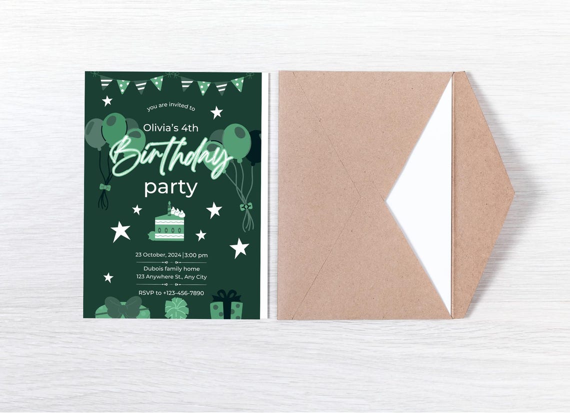 Editable Green Birthday Invitation Green Balloons Kids Birthday Invite ...