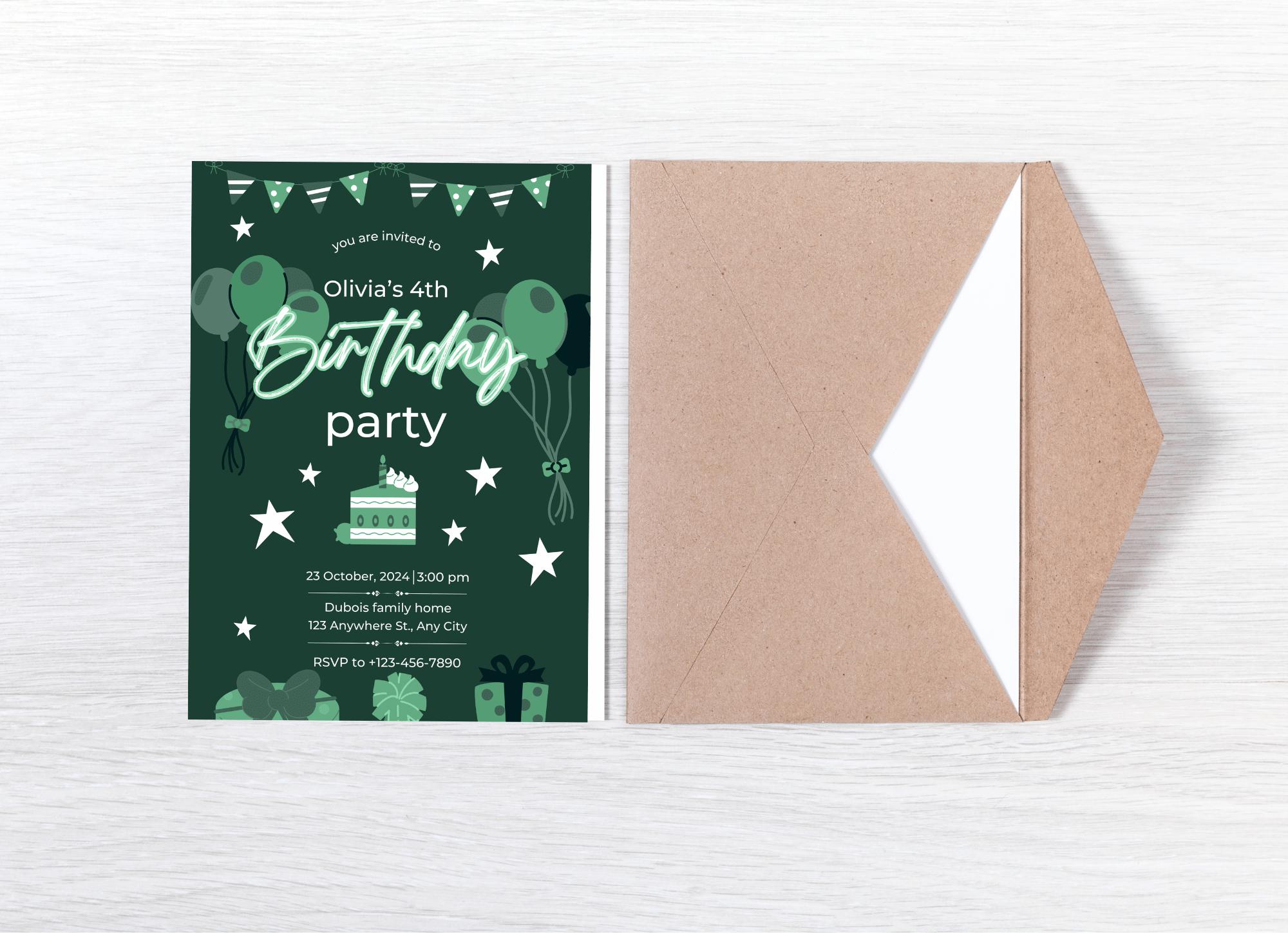 Editable Green Birthday Invitation Green Balloons Kids Birthday Invite ...