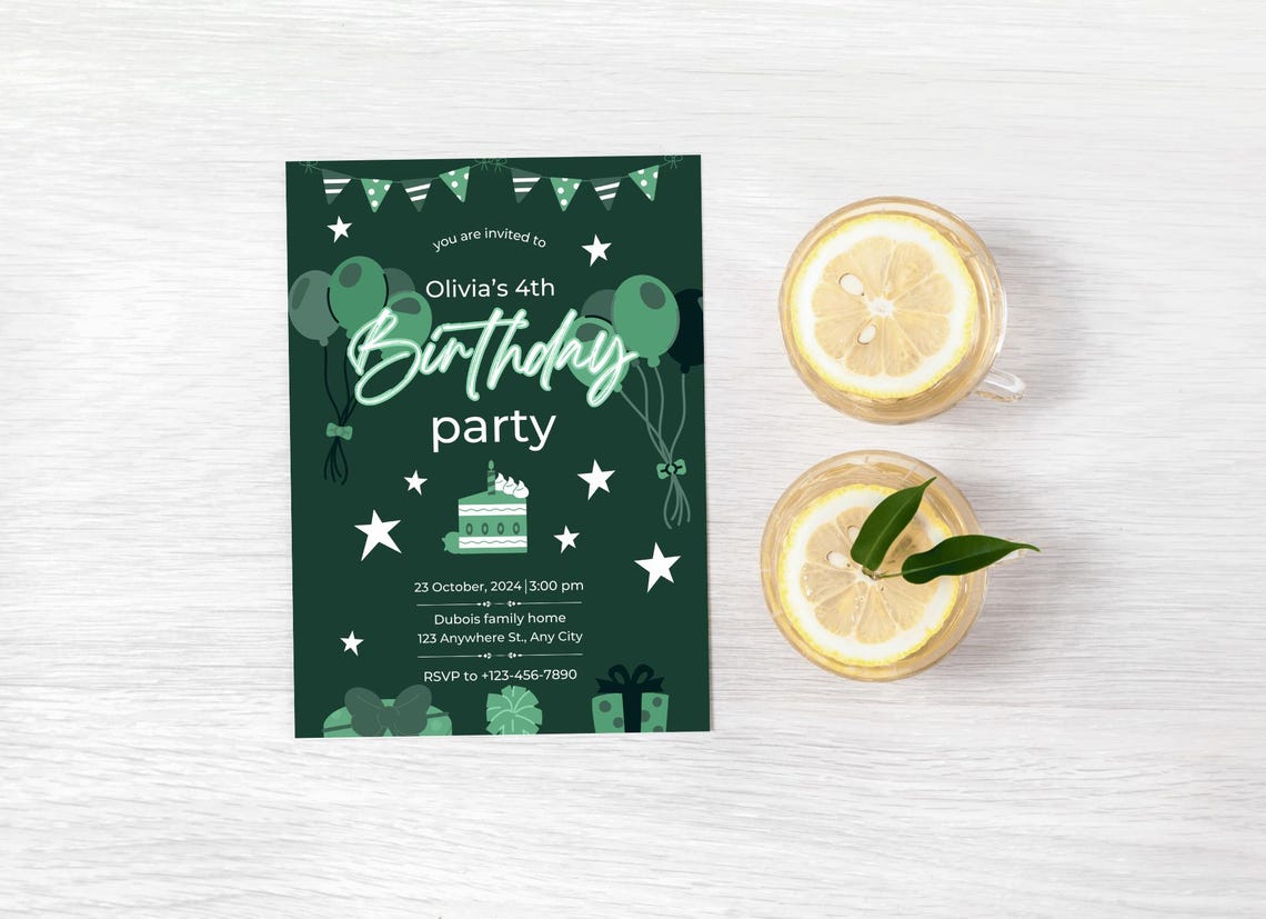 Editable Green Birthday Invitation Green Balloons Kids Birthday Invite ...