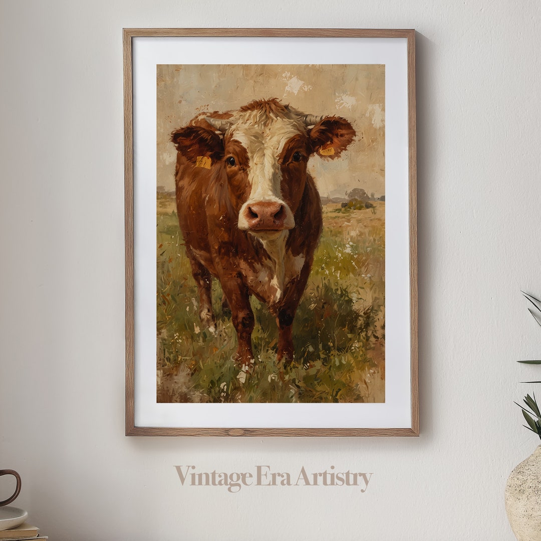Vintage Farm Cow Portrait, Cute Cow Painting, Printable Wall Art ...