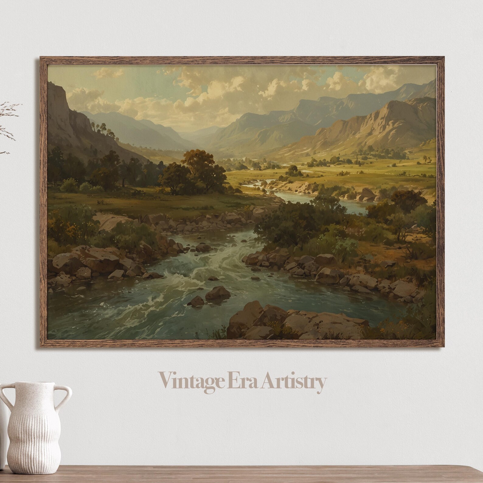 Vintage Green Valley With Rocky River Landscape Artwork, High Quality ...