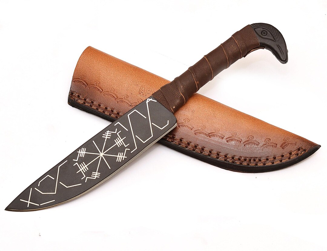 Hand Forged Viking Raven Knive Runes Engraved Camping Hunting Outdoor ...