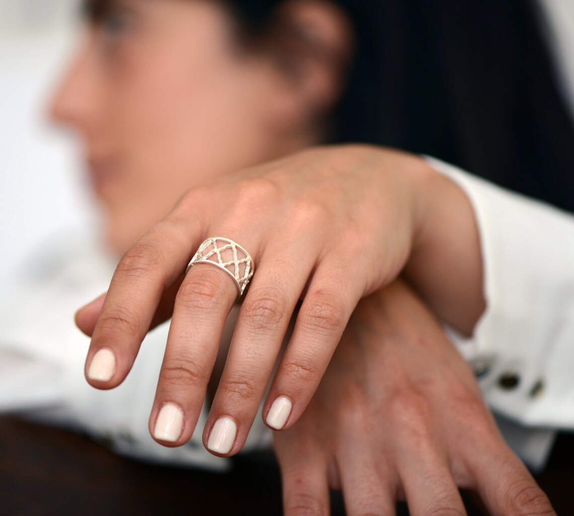 Silver Israeli Bars Ring, Delicate Woman Ring, Special Design Geometric ...