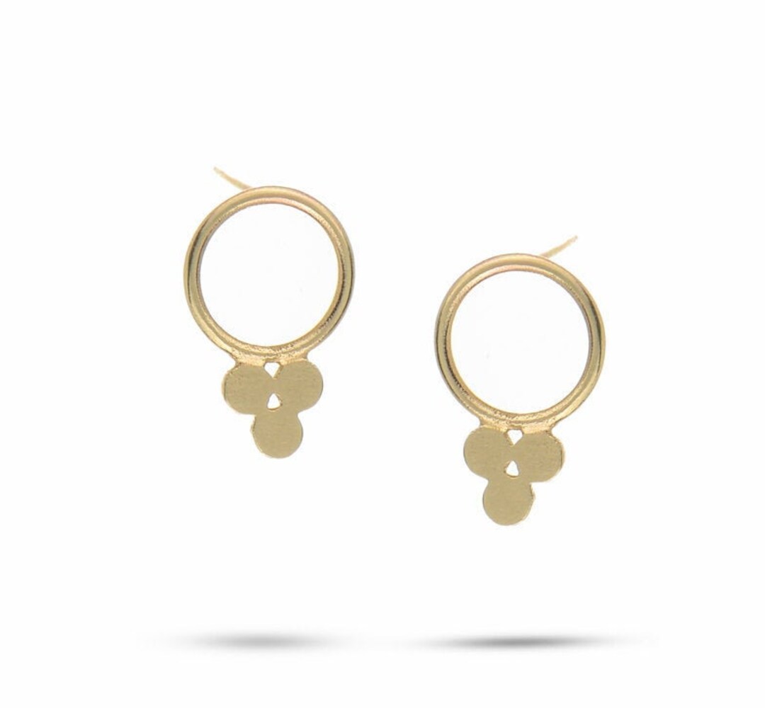 Plus Gold Stud Earrings, 14k Gold Circles Earrings, Triple Earrings ...