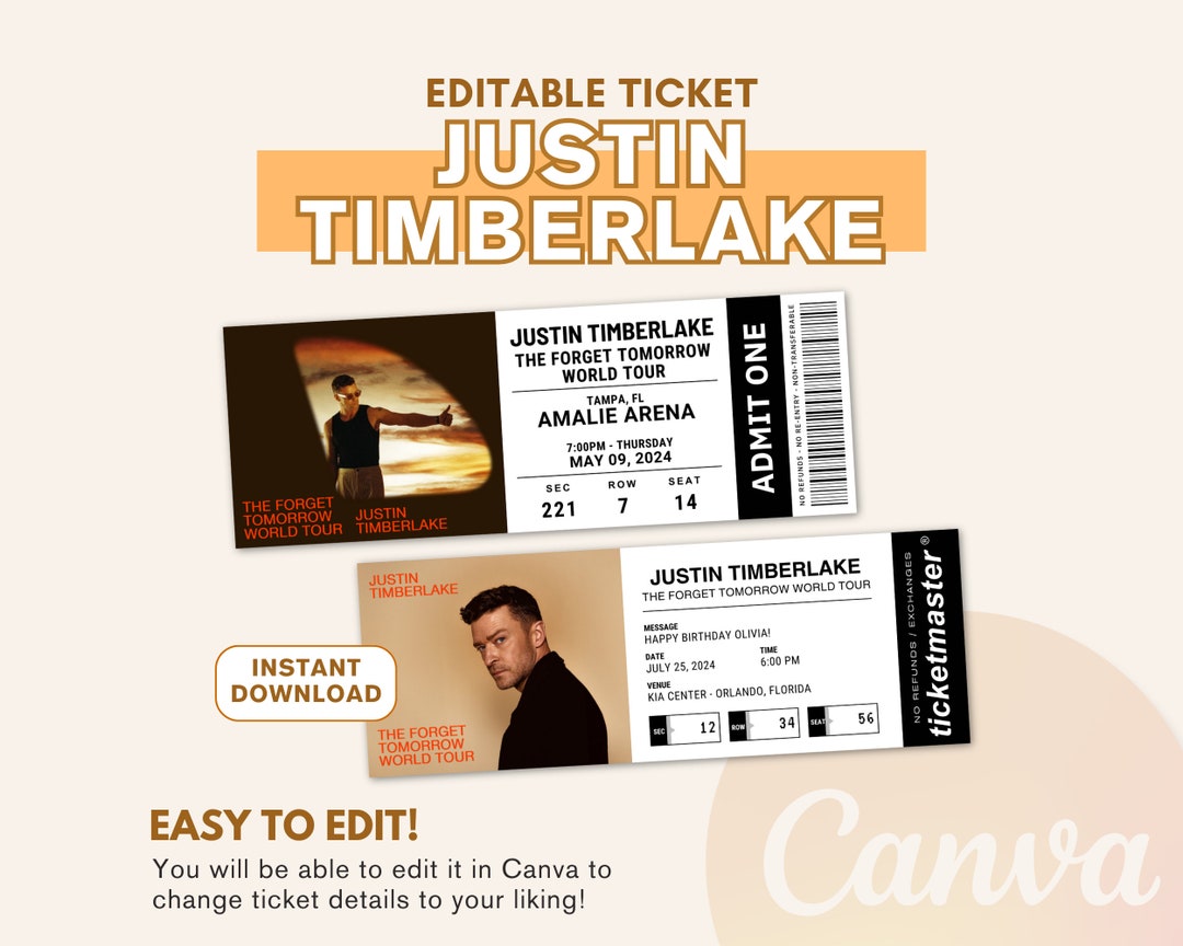 Justin Timberlake Editable Concert Ticket, Justin Forget Tomorrow 2024, Memorabilia Surprise ...