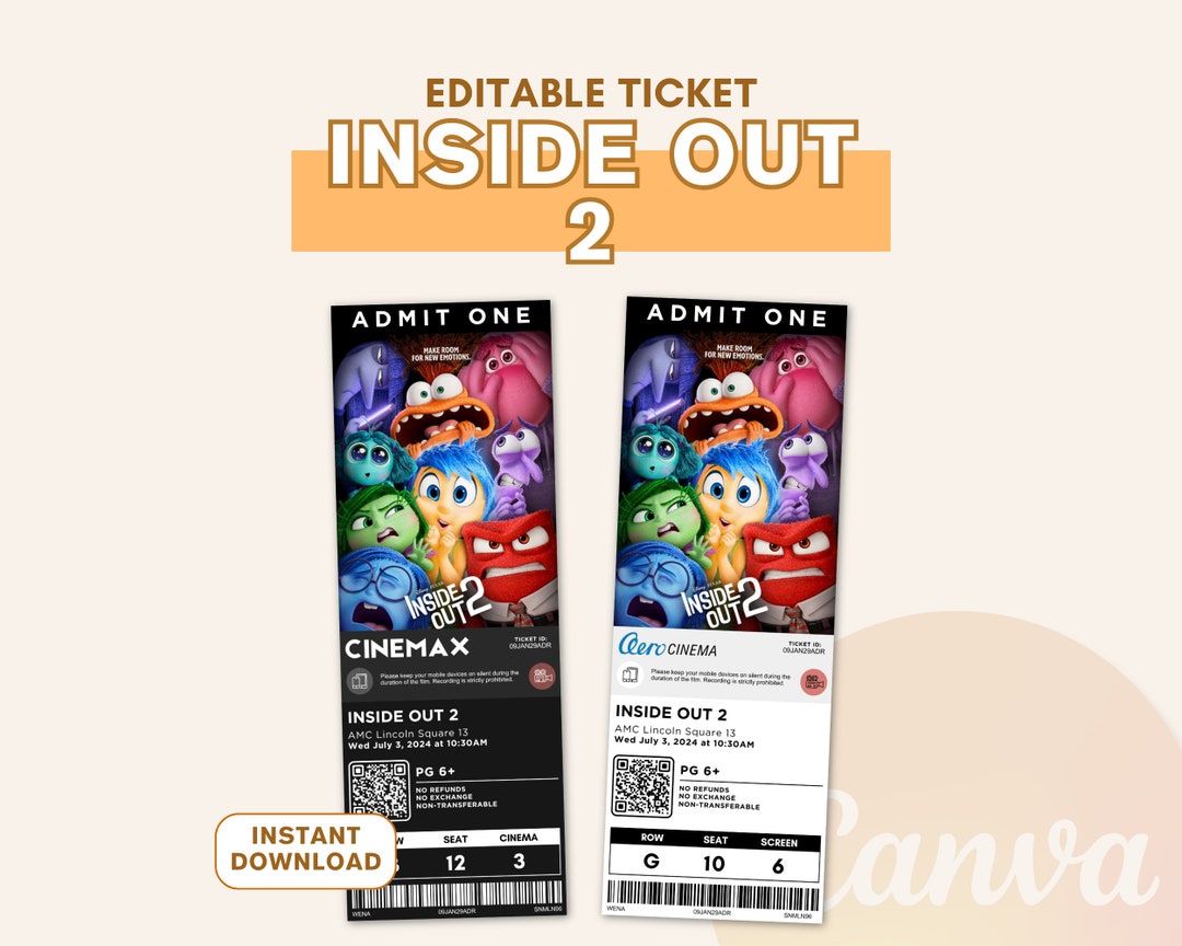 Inside Out 2 Movie Ticket, Inside Out 2 Movie Party Invitation ...