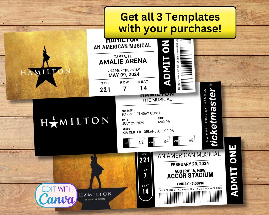 Editable Hamilton Ticket, Hamilton Broadway Musical Ticket 2024 ...