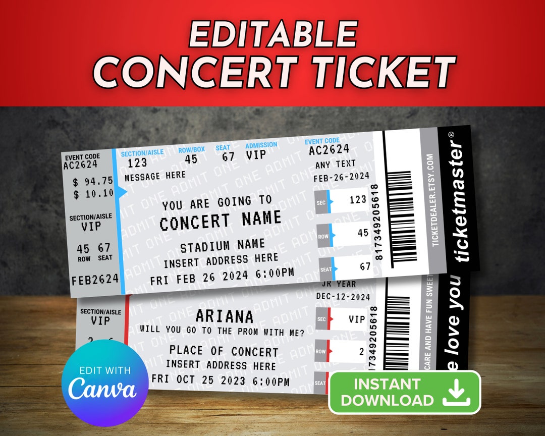 Editable Concert Ticket, DIY Ticketmaster Template, Surprise Gift ...