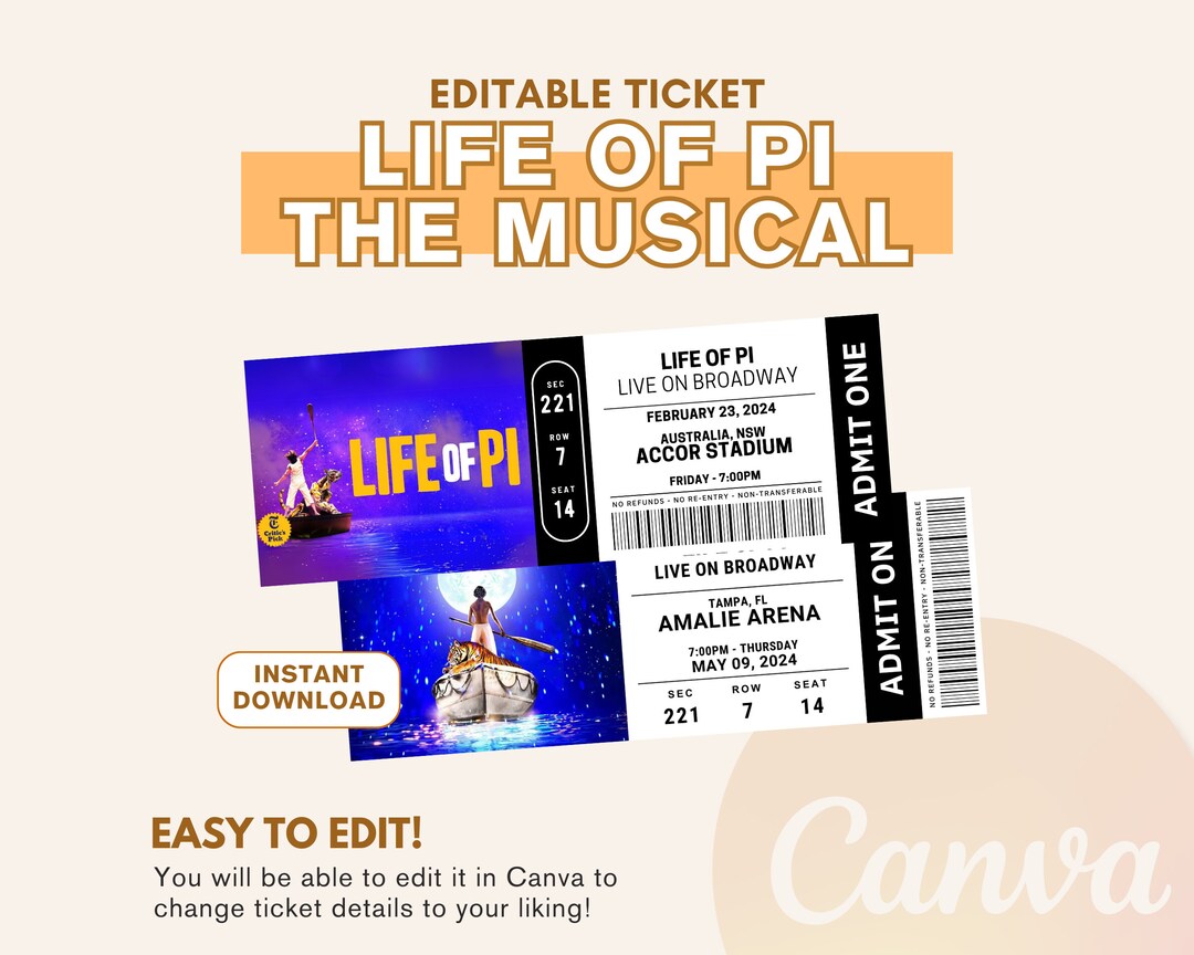Editable Life of Pi Ticket, Life of Pi Broadway Musical Ticket 2024 ...