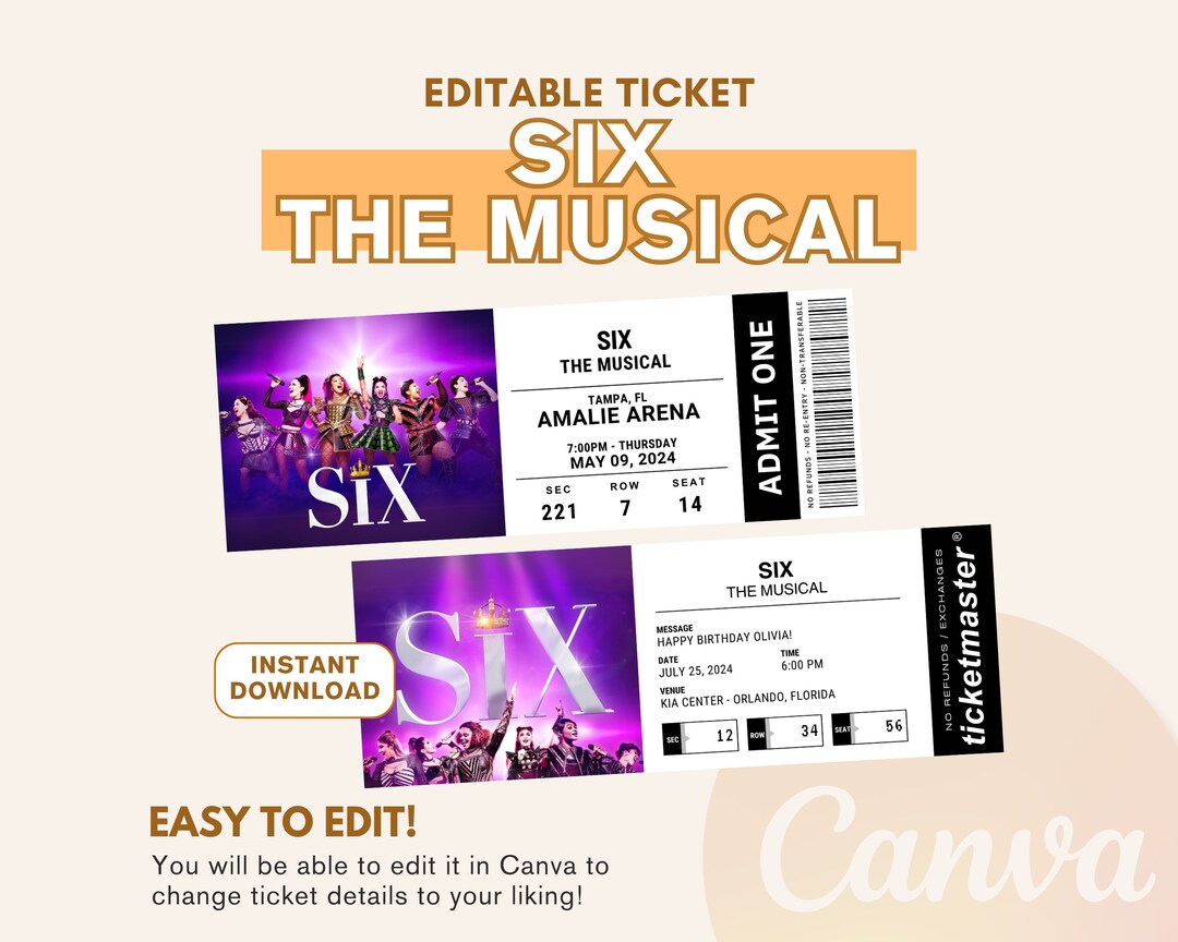 Six Editable Theatre Ticket, Six the Musical 2024, Memorabilia Surprise ...