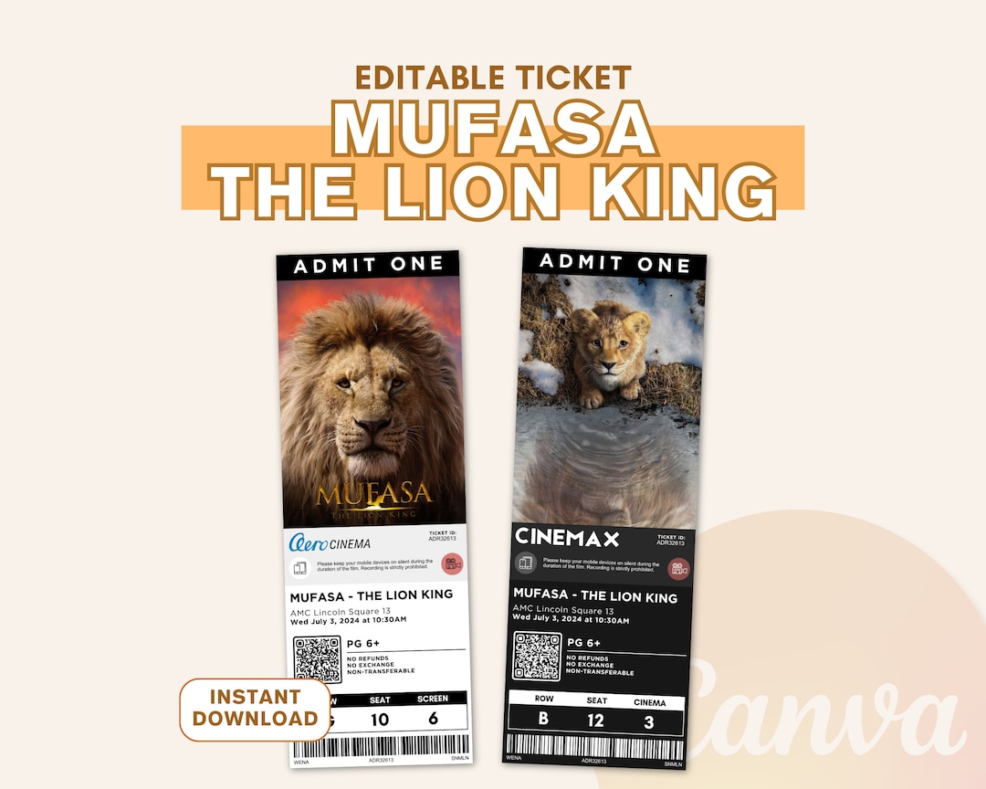 Lion King Movie Ticket, Mufasa Lion King Movie Party Invitation ...