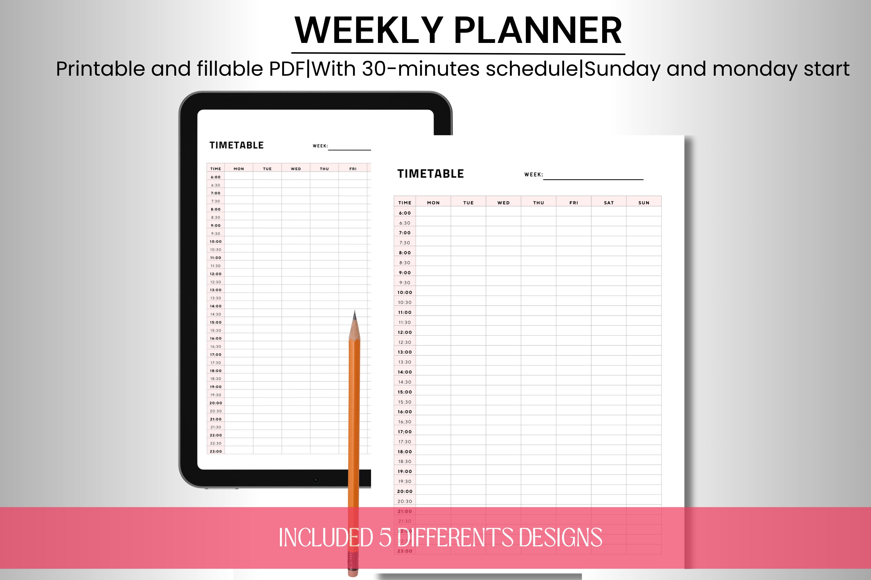 Weekly Planner Timetable 5 Designs, A4/a5/letter Size, Sunday or Monday ...