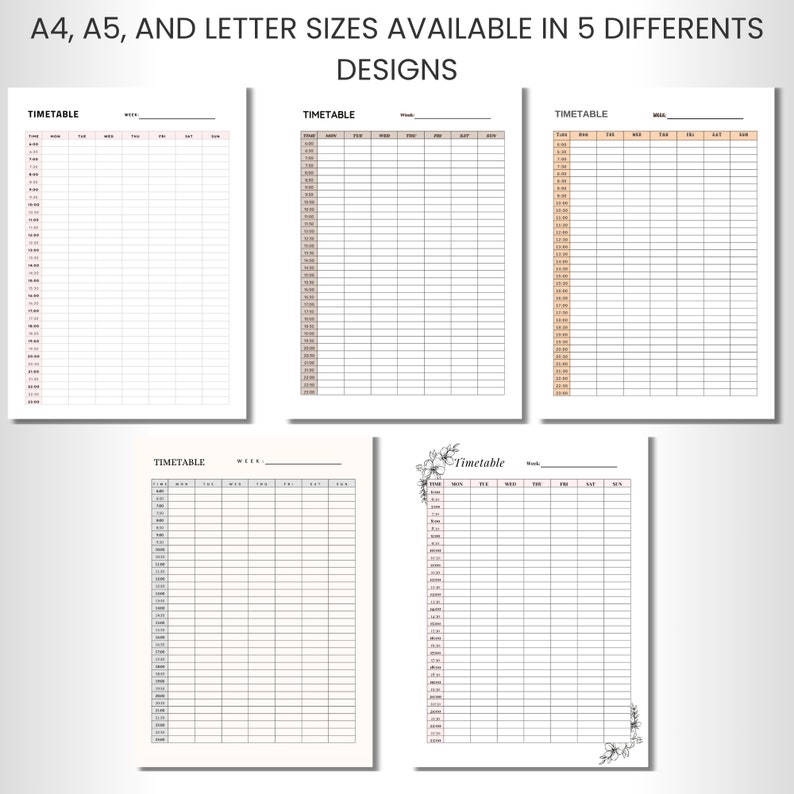 Weekly Planner Timetable 5 Designs, A4/a5/letter Size, Sunday or Monday ...