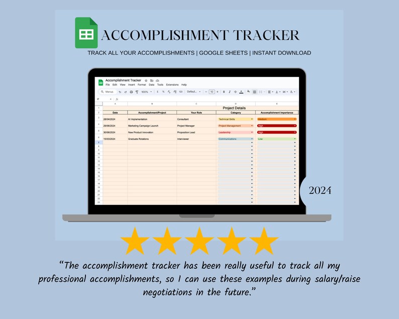 Career Accomplishment Tracker, Google Sheets Template, 2024, Instant ...