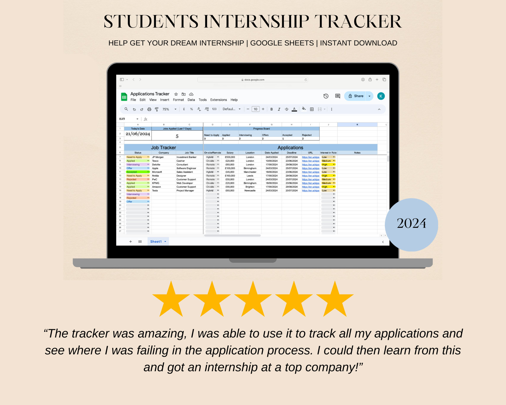 Internship Application Tracker 2025 | Google Sheets Template ...