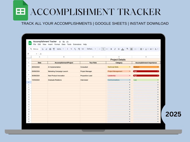 Career Accomplishment Tracker, Google Sheets Template, 2024, Instant ...