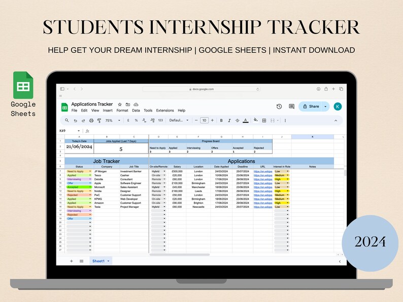 Ultimate Internship and Job Application Tracker Google Sheets Template ...