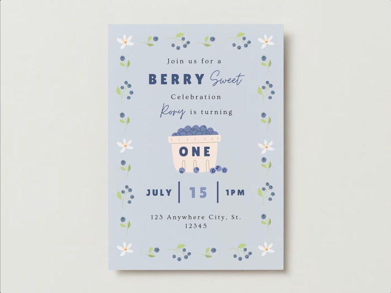 Berry Sweet Blueberry Birthday Invitation,customizable Printable Invite ...