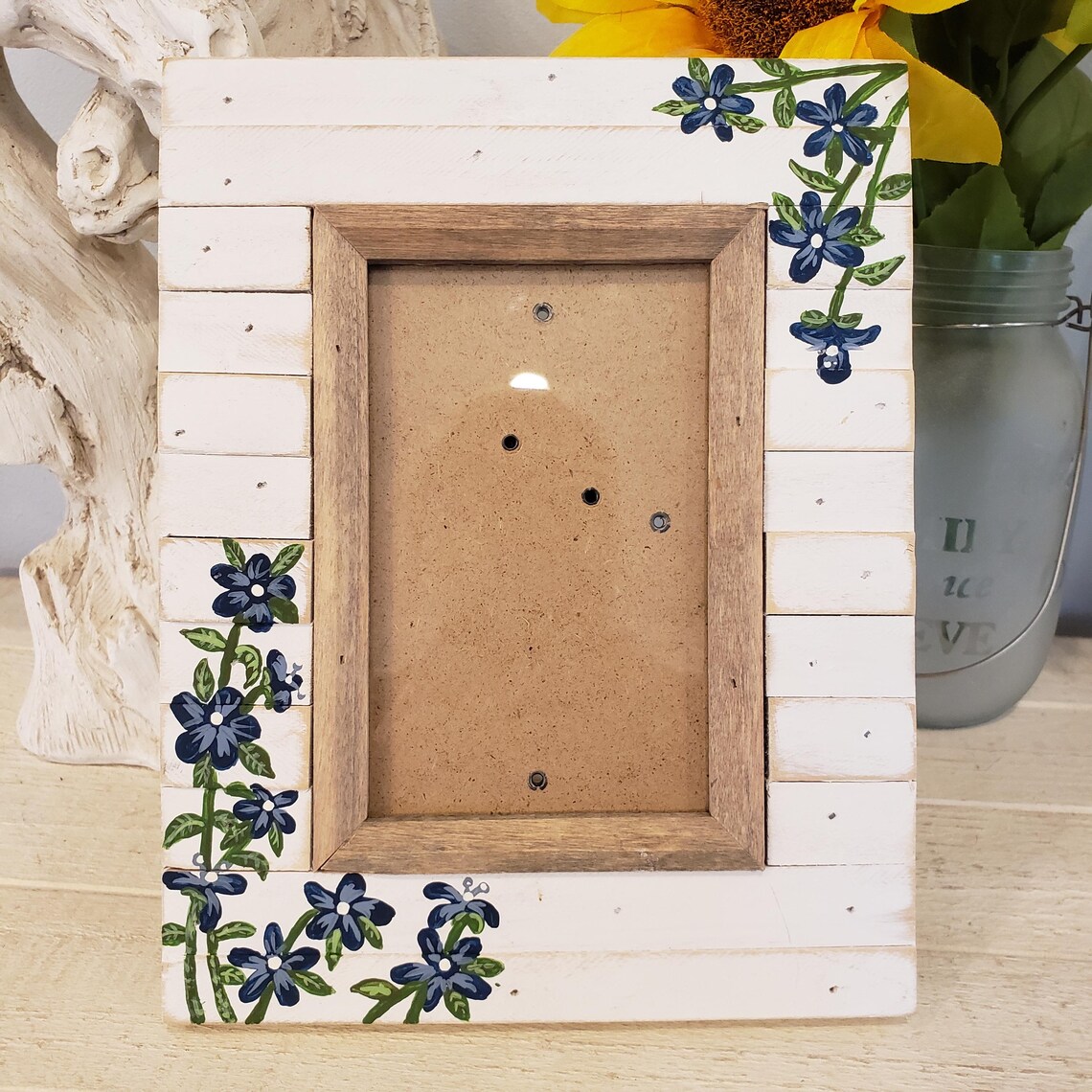 35 Hand Painted Farmhouse Wood Photo Frame, With Country Blue Flowers ...
