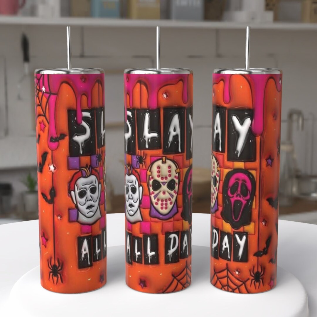 Slay All Day Horror Film Characters Halloween Puff Design Hot and Cold ...