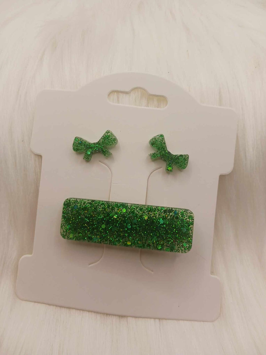 Green Glitter Barrette With Matching Colored Bow Shaped Stud Earrings ...