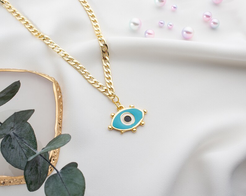Gold Evil Eye Big Charm Chunky Chain Necklace, Beach Necklace, Summer ...