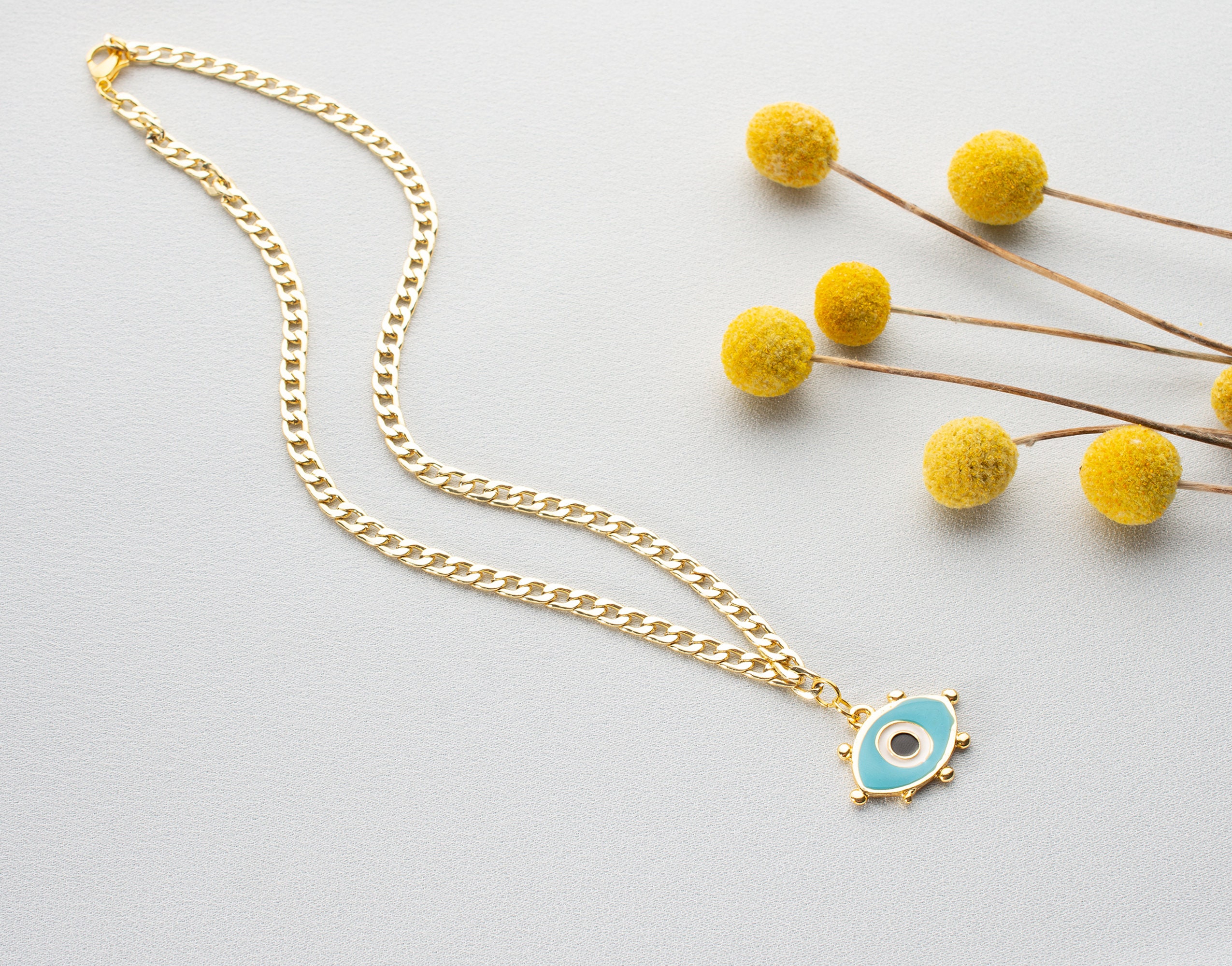Gold Evil Eye Big Charm Chunky Chain Necklace, Beach Necklace, Summer ...