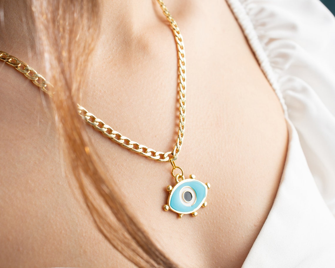 Gold Evil Eye Big Charm Chunky Chain Necklace, Beach Necklace, Summer ...