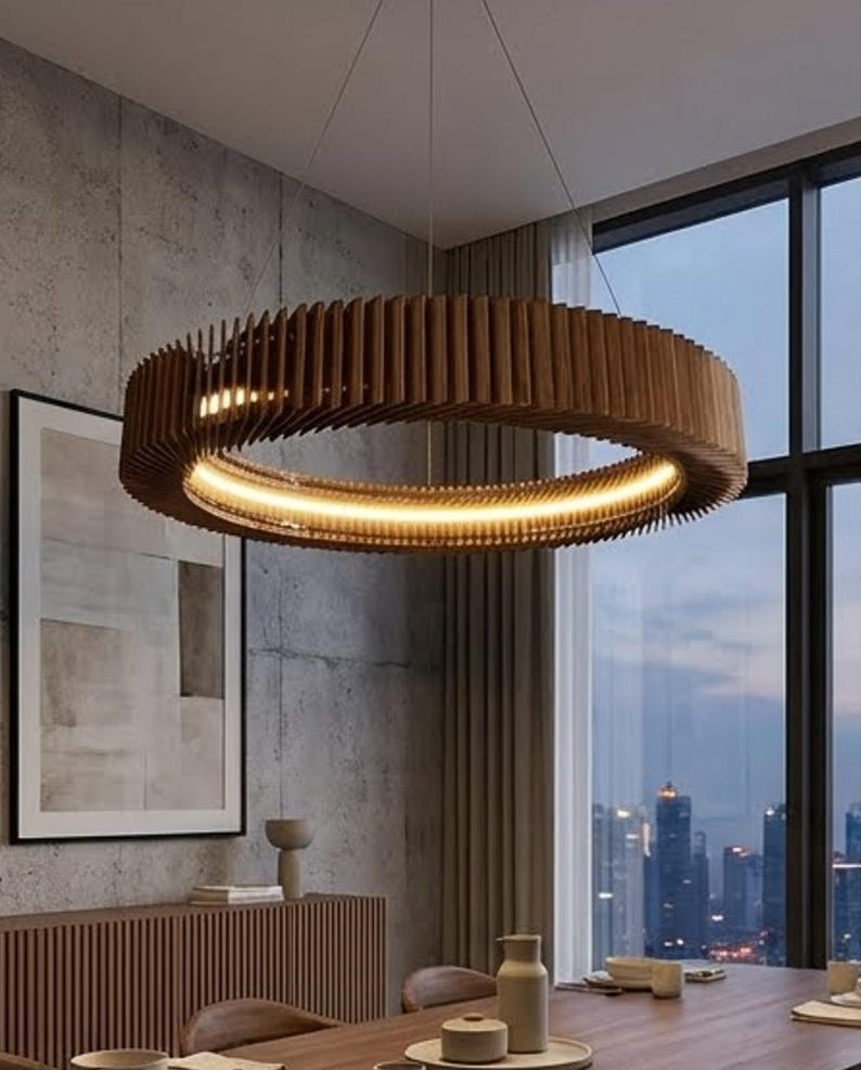 Slatted Wood Ring LED Chandelier, Modern Japandi Light - Etsy