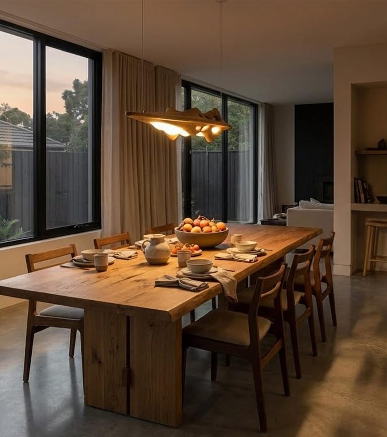 Handmade Walnut Wood Chandelier – Carved Dining Table Light, Dimmable ...