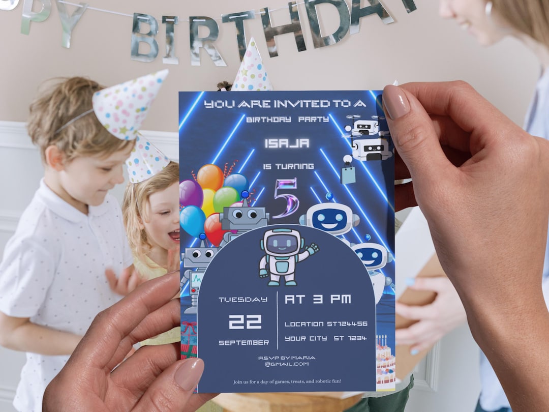 Birthday Invitation Template| Cute Robots Blue Astro Bot Party| Video ...