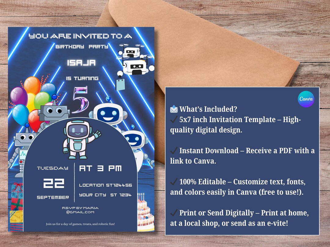 Robots Birthday Invitation Template | Cute Blue Astro Bot Party | Bonus ...