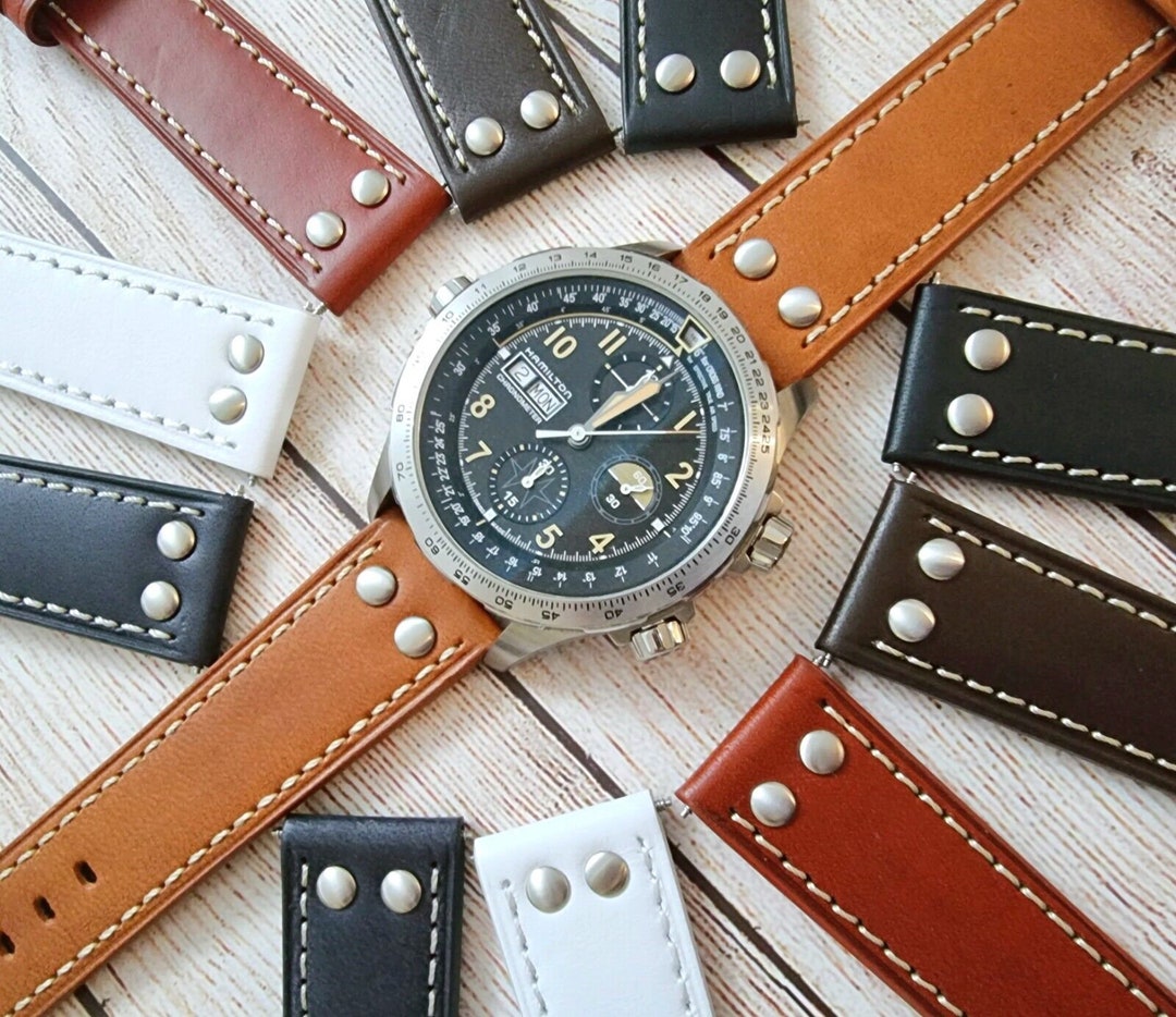 Rivet Stud Pilot Flieger Tough Leather Watch Strap Band Aviator 18mm ...