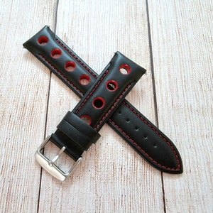 Rally Racing Watch Strap: Premium Leather, Black With Red Stitch - Etsy