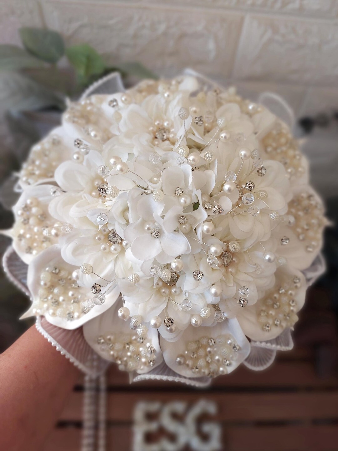 White Rose Calla Bridal or Bridesmaid Bouquet Prom Roses Rhinestones ...