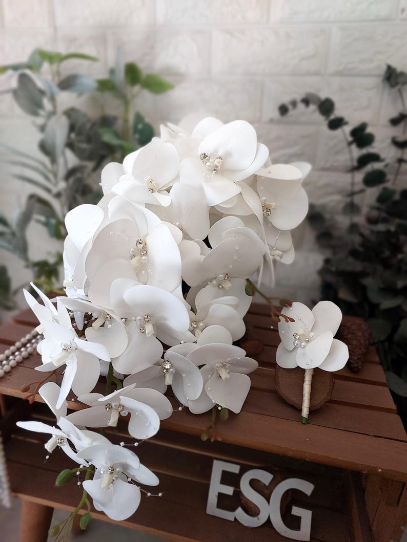 Cascading Real Touch Orchid Rustic Bridal Bouquets Pearl Accents ...