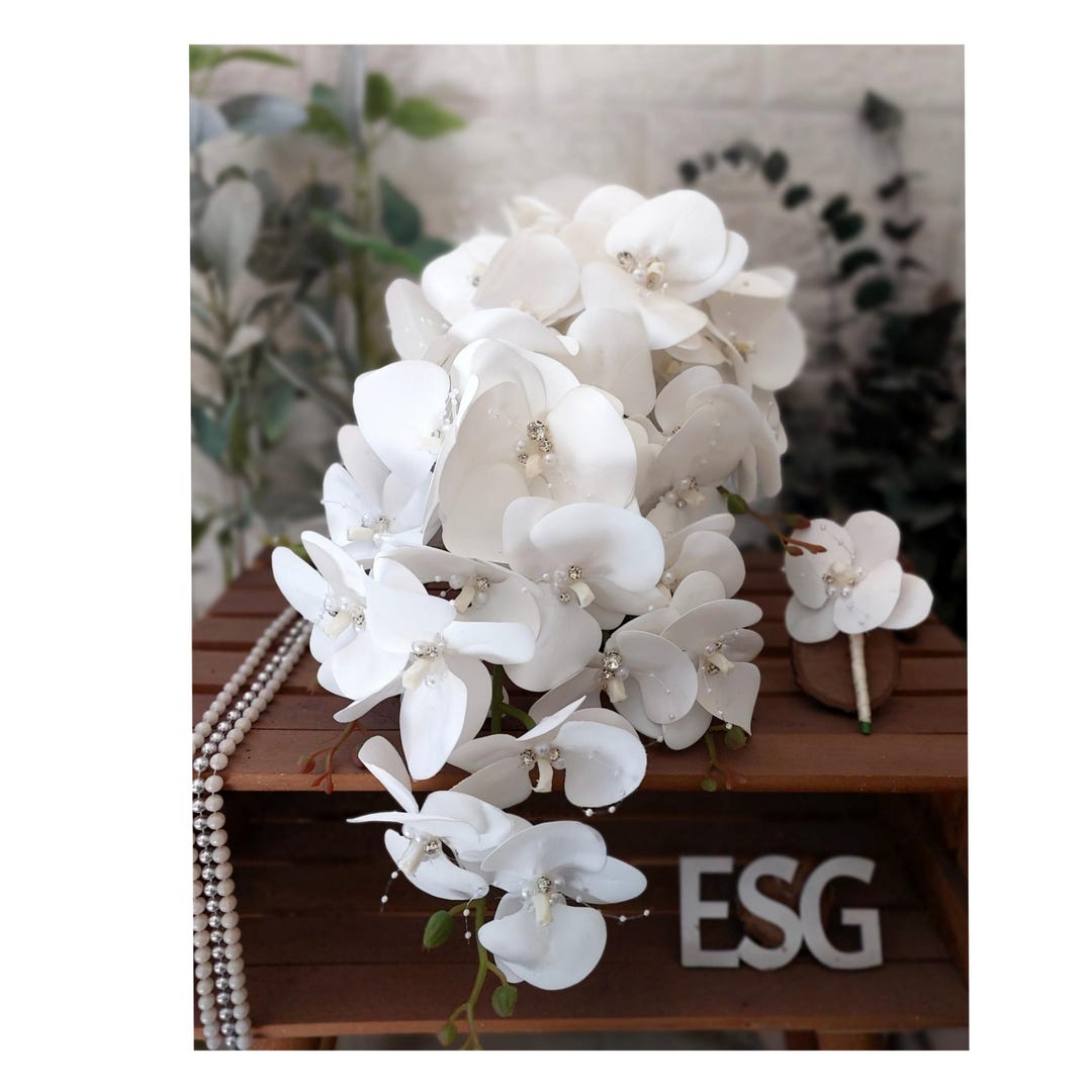 Cascading Real Touch Orchid Rustic Bridal Bouquets Pearl Accents ...