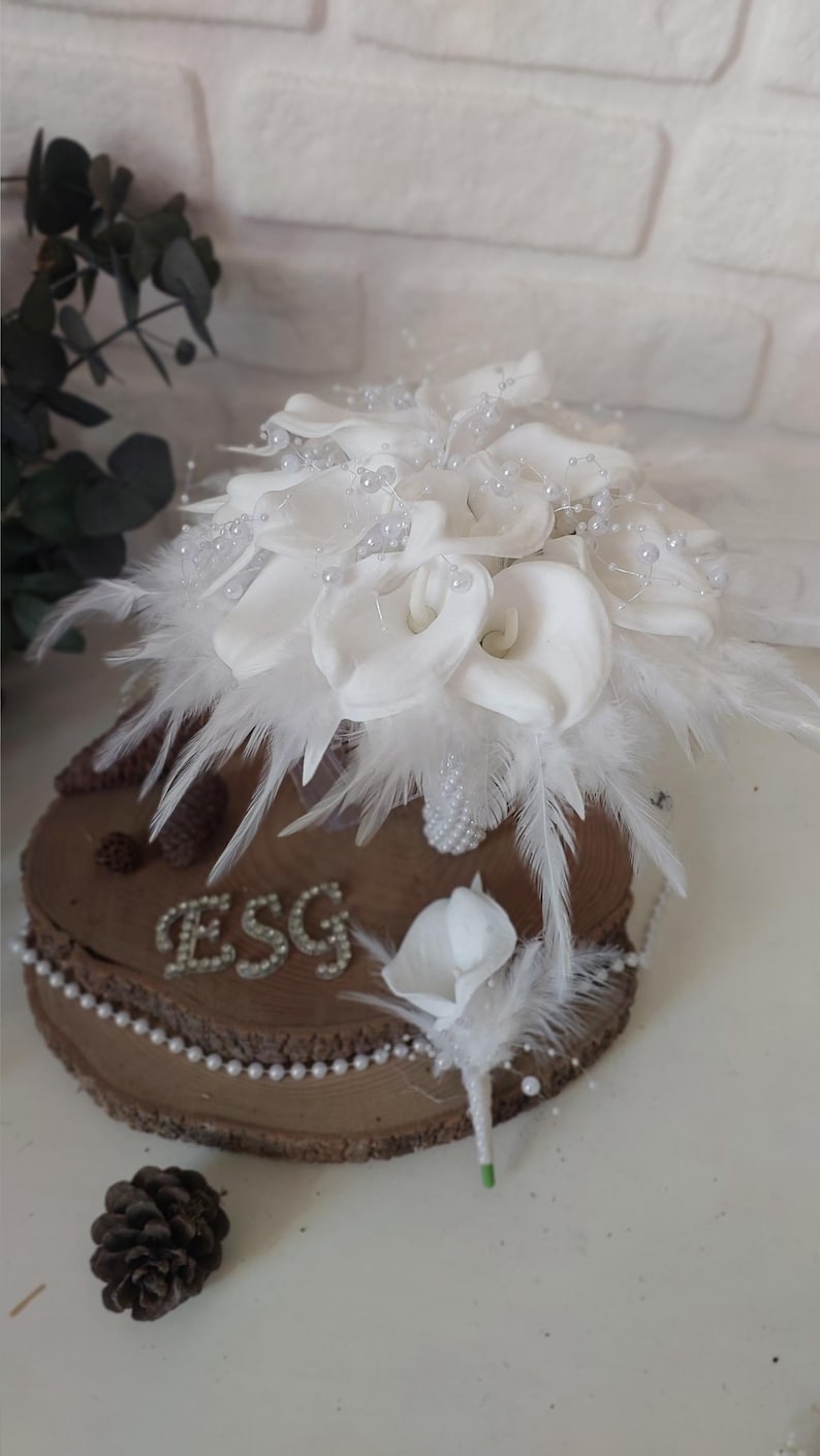 Real Touch White Calla Feather Handmade Bridal Bouquet Pearl Wedding ...