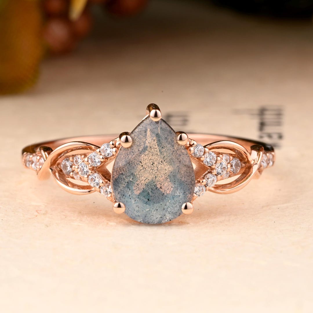Art Deco Labradorite Ring 14K Rose Gold Pear Labradorite Engagement ...