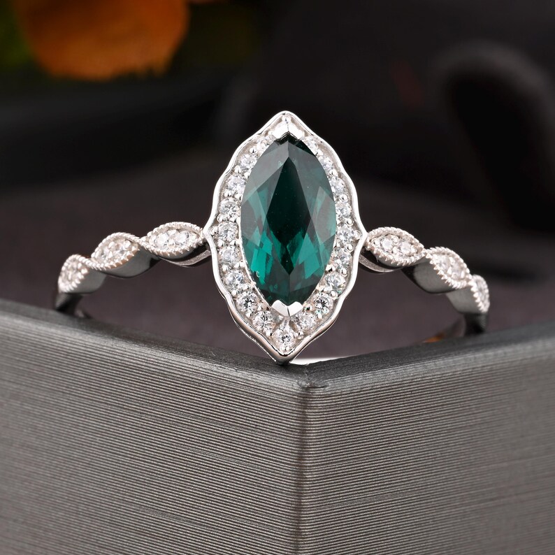 Marquise Emerald Engagement Ring Emerald Moissanite Cluster Promise ...