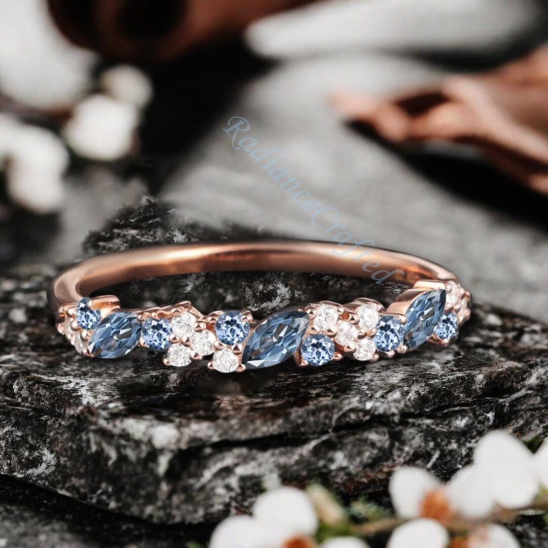 Marquise Alexandrite Wedding Band Vintage Rose Gold Stackable Band Half ...